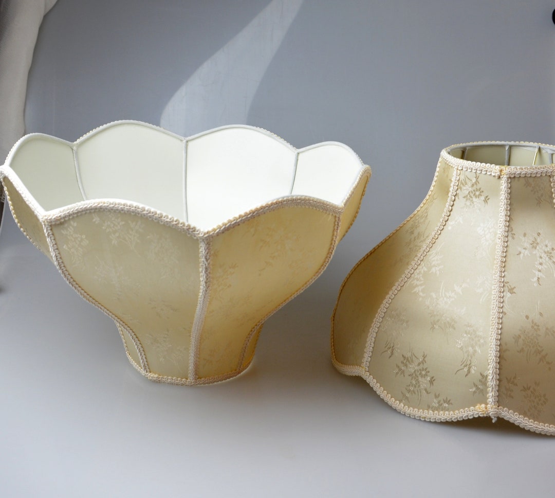 Set of 2 Scallop Dome Lamp Shades Cream Jacquard Satin Fabric Boudoir ...