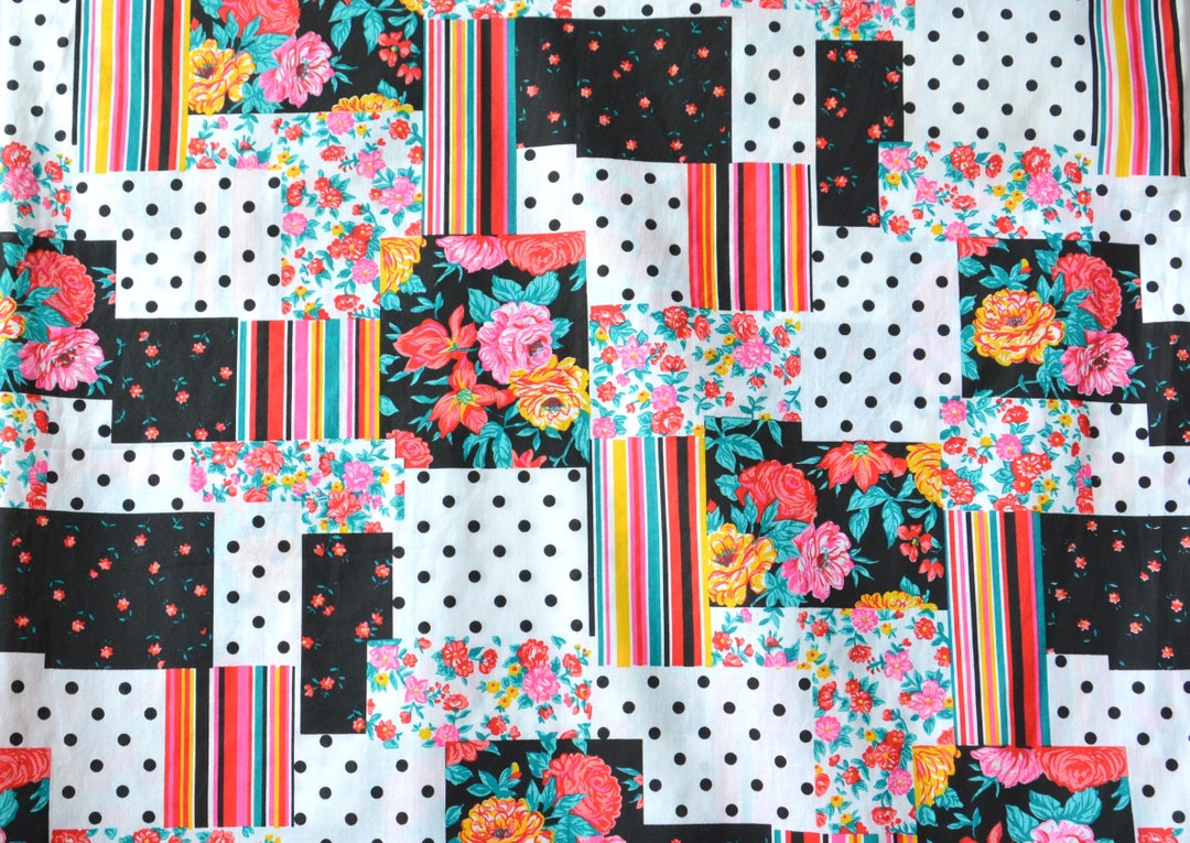 Vintage Faux Patchwork Cotton Fabric Faux Quilt Square Floral Rainbow ...