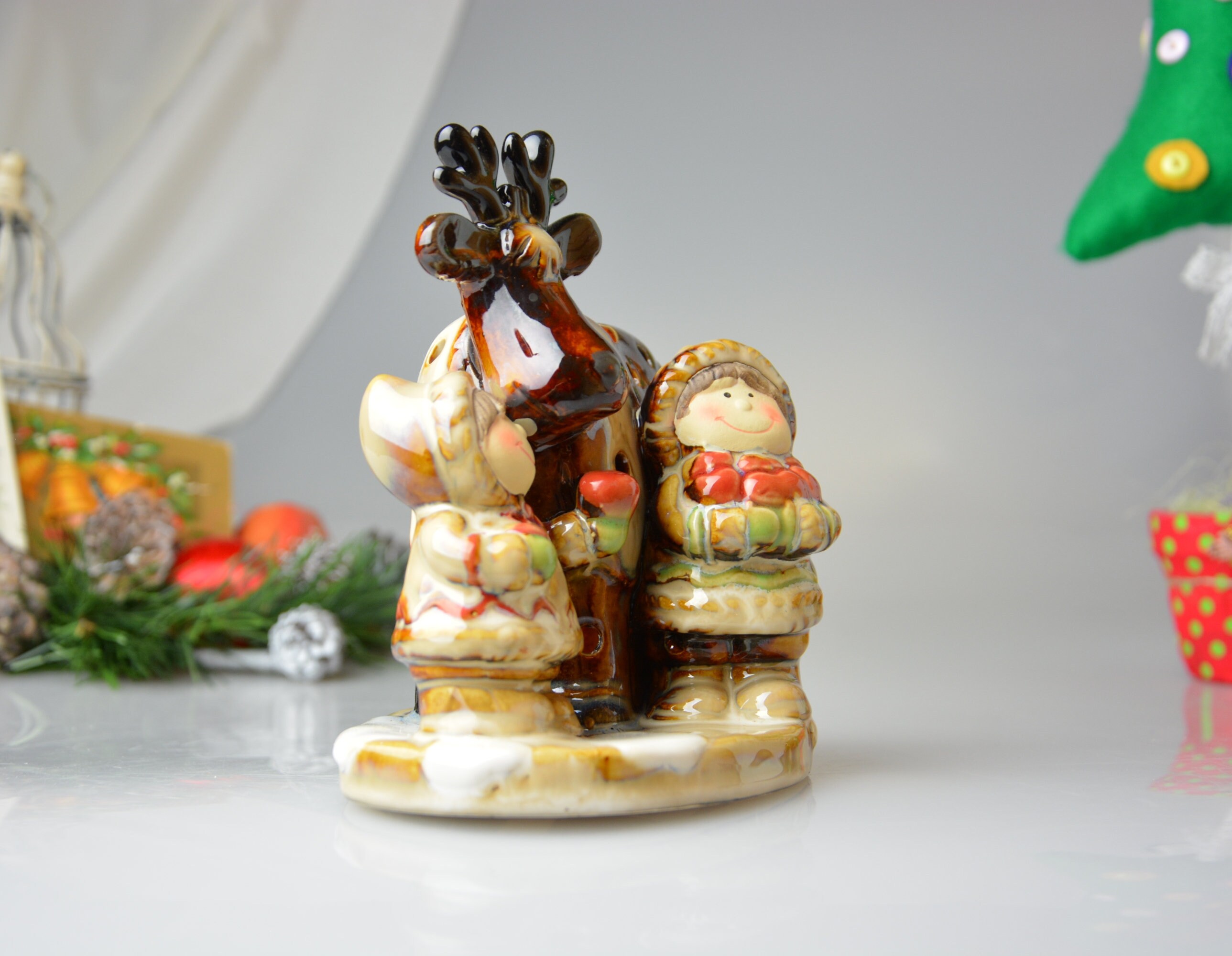 Ceramic Elk & Kids Figurine Tealight Holder: Christmas Decor - Etsy