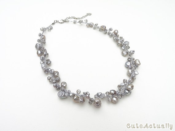 Silver Gray Freshwater Pearl Necklace With Crystal On Silk Etsy