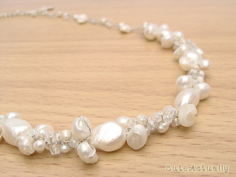 White Freshwater Pearl Necklace With Glass Beads On Silk Etsy