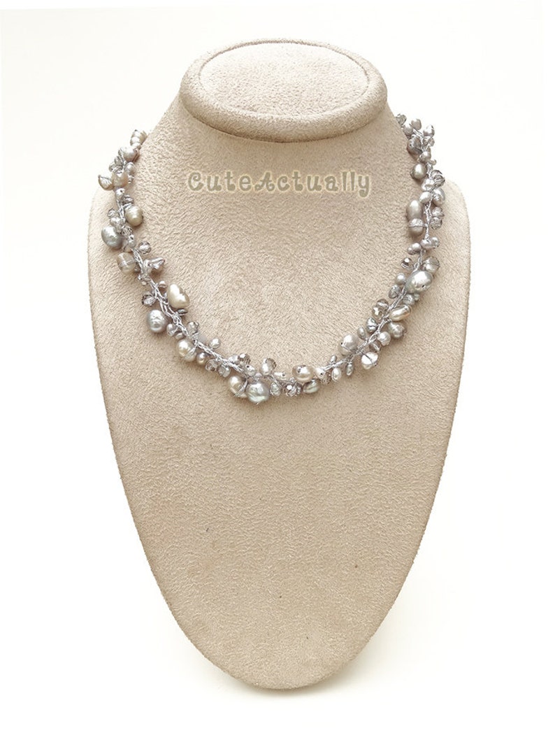 Silver Gray Freshwater Pearl Necklace With Crystal On Silk Etsy