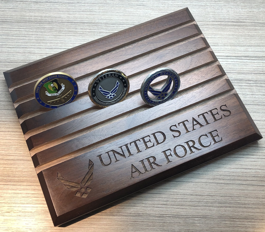 Etched United States AIR FORCE Walnut Challenge Coin Display Holds up ...