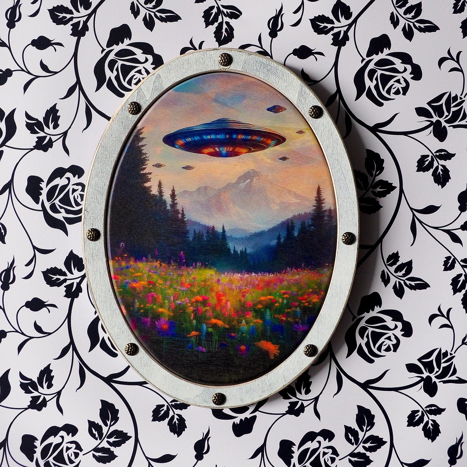 UFO Scenic Wall Art - Handcrafted Oval Frame With White Accent - Cosmic ...