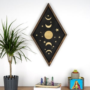 Wood Diamond Frame Moon Phases Wall Art, Wood Frame Boho Wall Decor ...