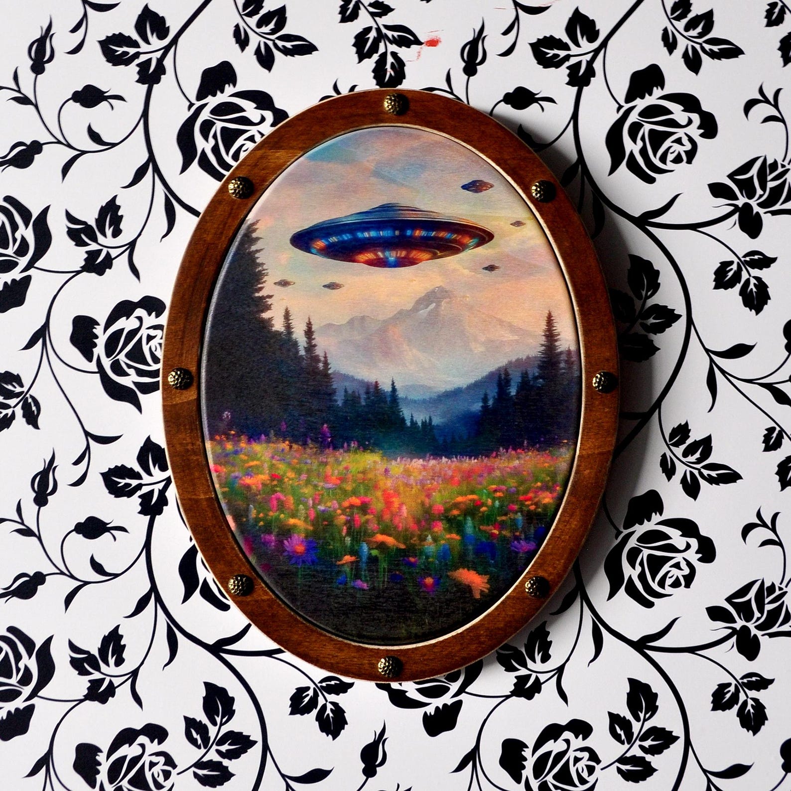 UFO Scenic Wall Art - Handcrafted Oval Frame With White Accent - Cosmic ...