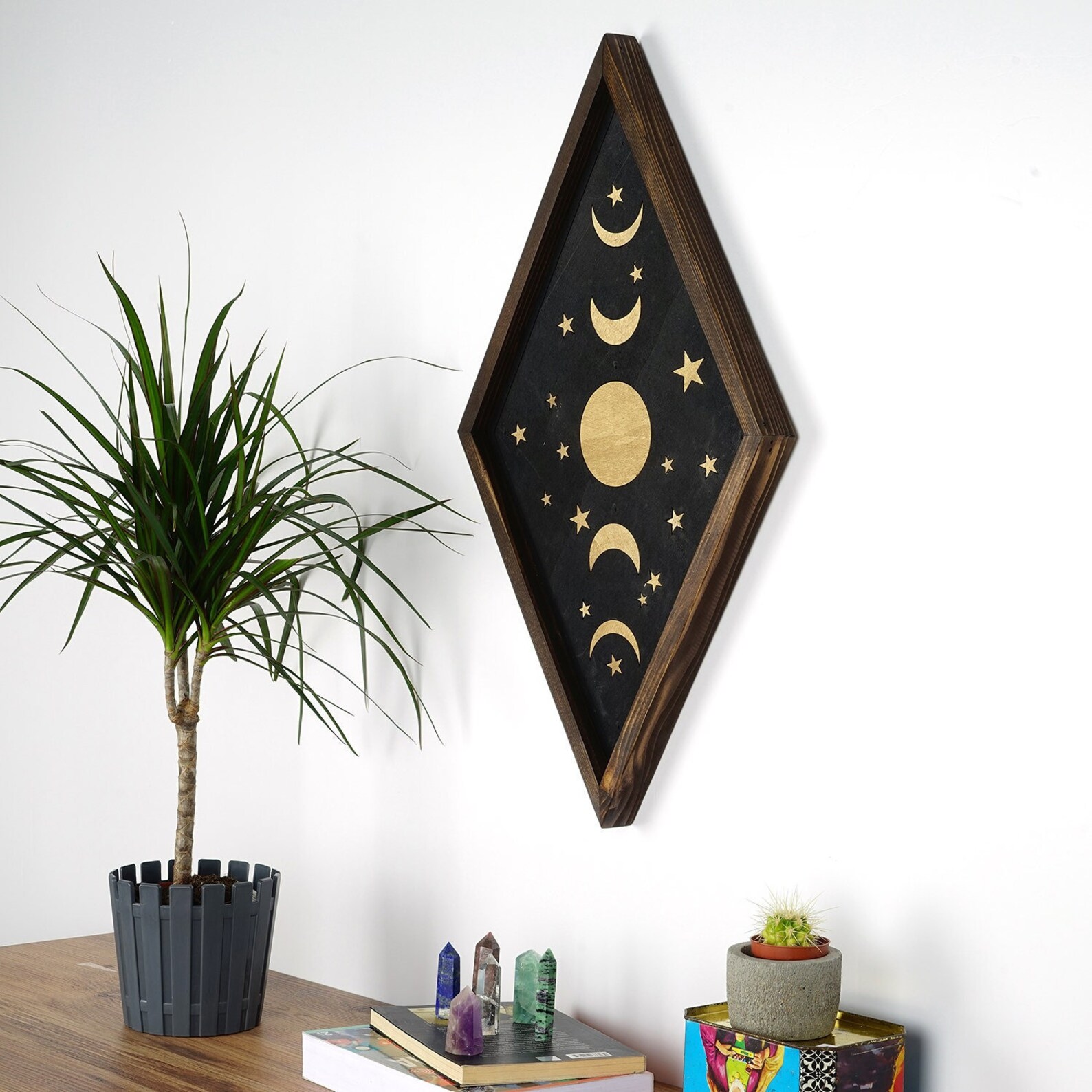 Wood Diamond Frame Moon Phases Wall Art, Wood Frame Boho Wall Decor ...
