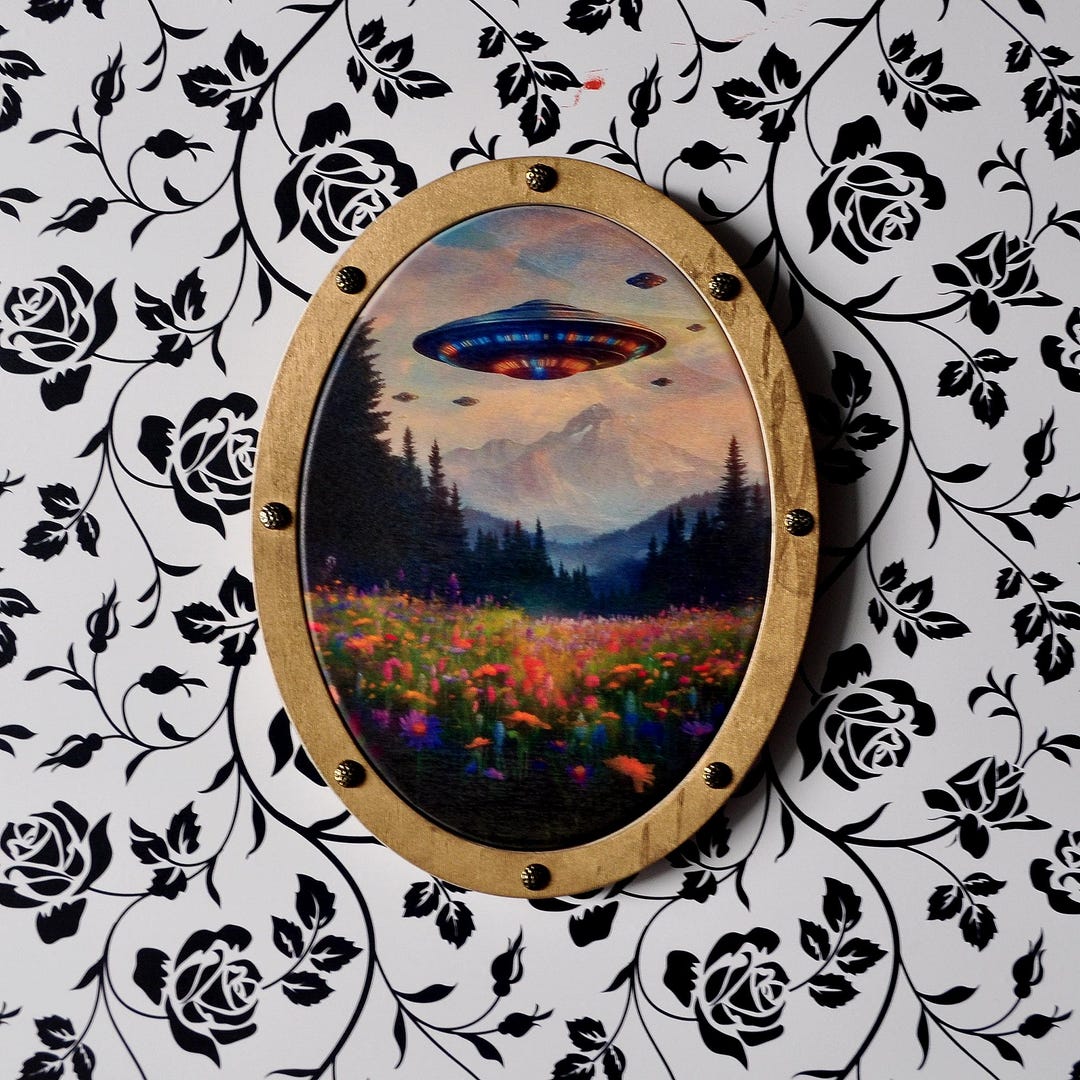 UFO Scenic Wall Art - Handcrafted Oval Frame With White Accent - Cosmic ...