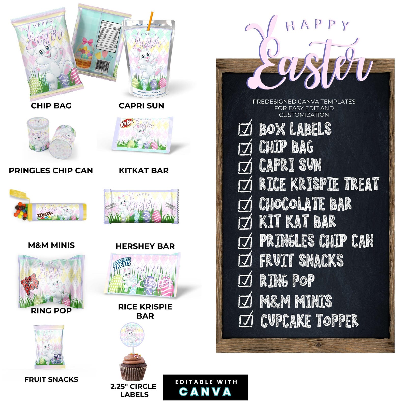 Easter Party Favor Bundle Editable Canva Template, Bunny Basket Labels ...