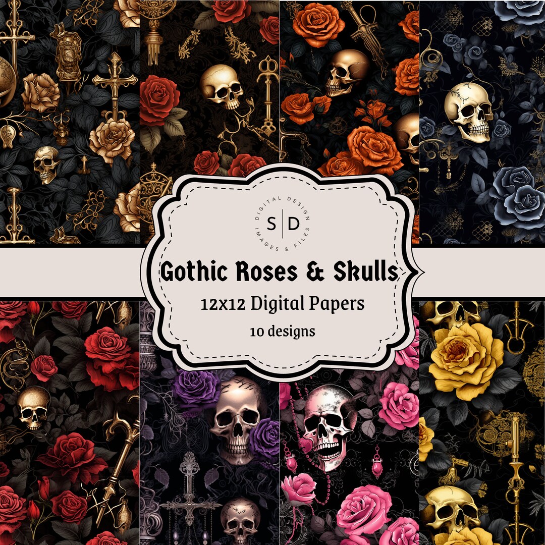 Gothic Skulls & Roses Digital Paper: Seamless Patterns (digital ...