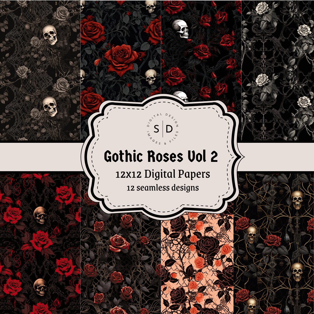 Gothic Roses Digital Paper: Skull Seamless Patterns (digital Download ...