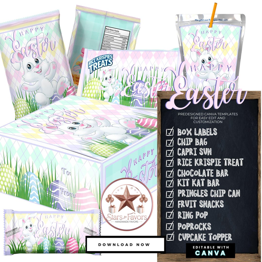 Easter Party Favor Bundle Editable Canva Template, Bunny Basket Labels ...