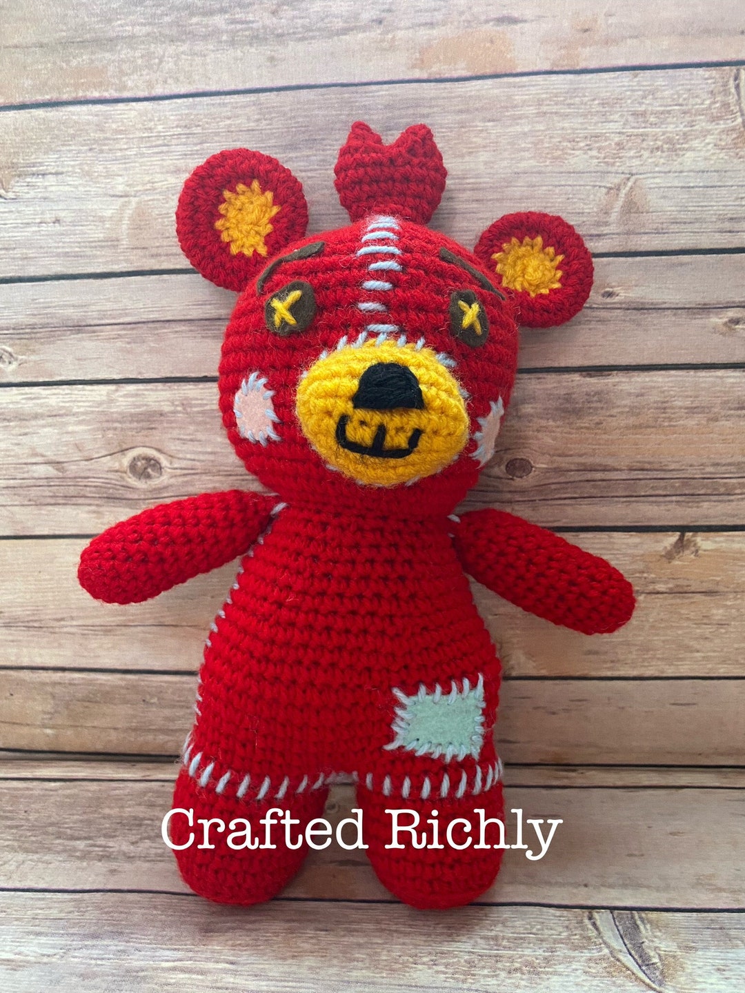 Patchwork Bear Plush, Red Teddy Bear Amigurumi, Cocomelon Red Teddy ...