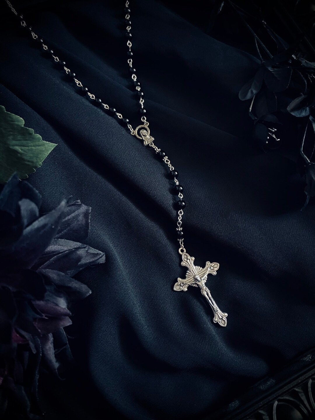MAGNIFICAT Handmade Black Glass & Silver Rosary - Etsy