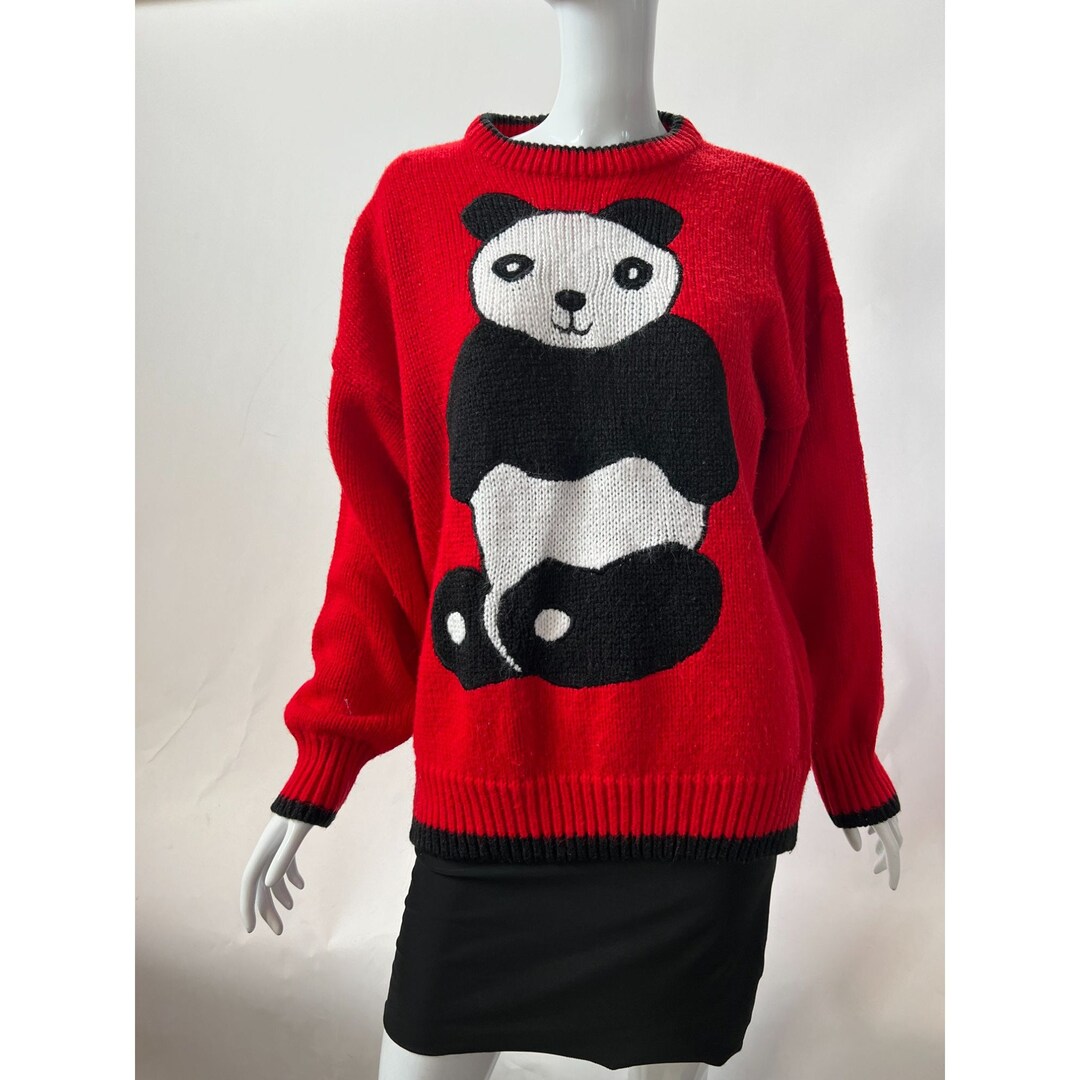 Bibesco Vintage Crew Neck Panda Sweater M Red Animal Acrylic - Etsy