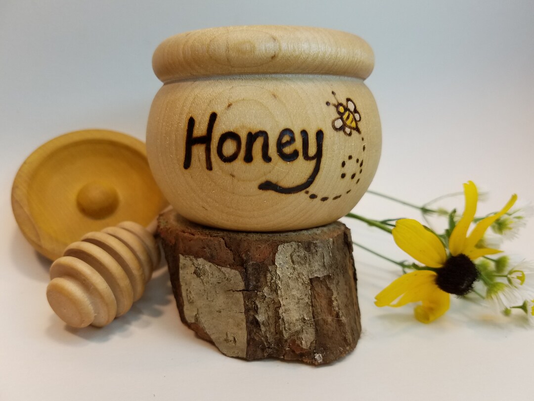 MADE TO ORDER, Wooden Honey Pot and Dipper With Honey Bee // Wooden ...