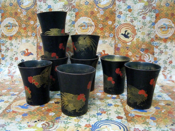 Japanese Lacquer Saki Cups With Fighting Roosters Black With | Etsy