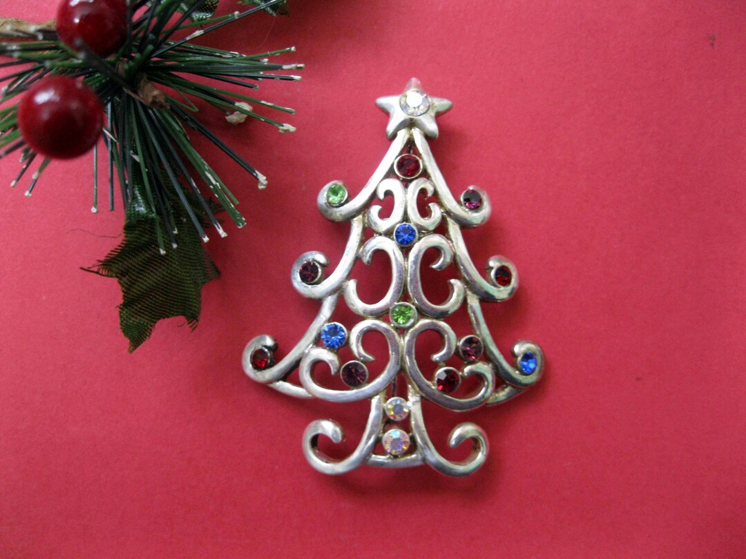 Christmas Tree Pin, Broach, Kenneth Cole, Silver Metal, Colored ...