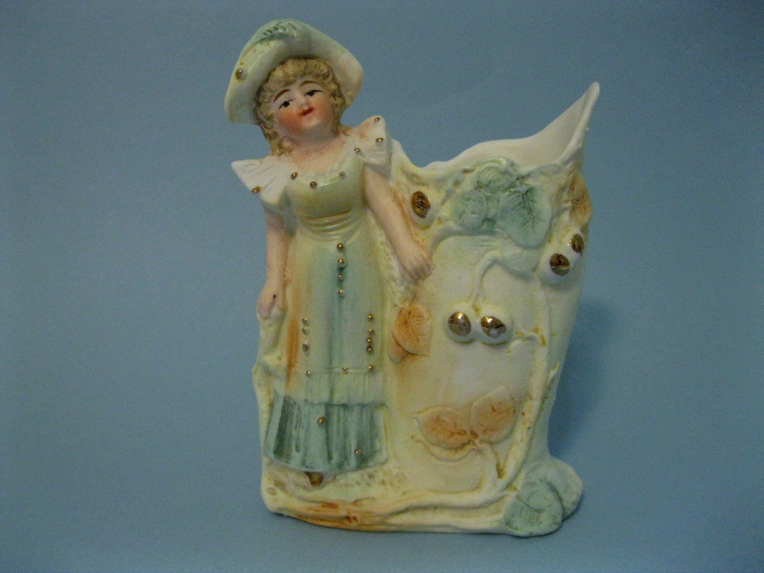 Antique German Bisque Spill Vase, Girl in Hat, Gold Trim - Etsy