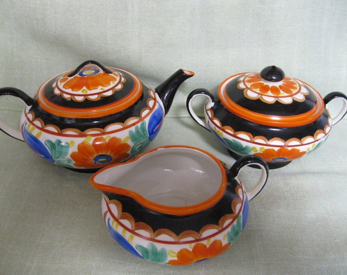 Mrazek Czech Peasant Pottery, Early Black Bird Mark, Teapot, Creamer ...