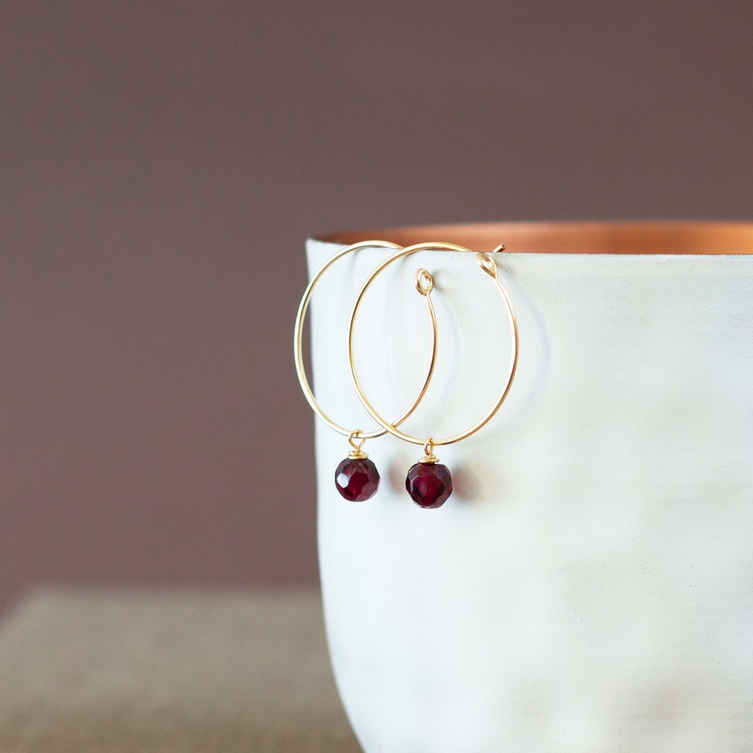 Red Garnet Hoop Earrings, Simple Stone Hoop Earrings, Birthstone ...