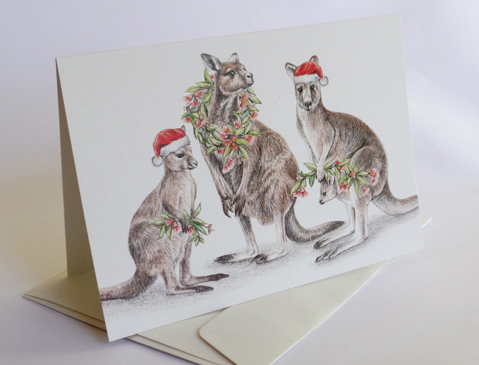 Australian Christmas Card With Kangaroo Family Eucalypt Gum | Etsy