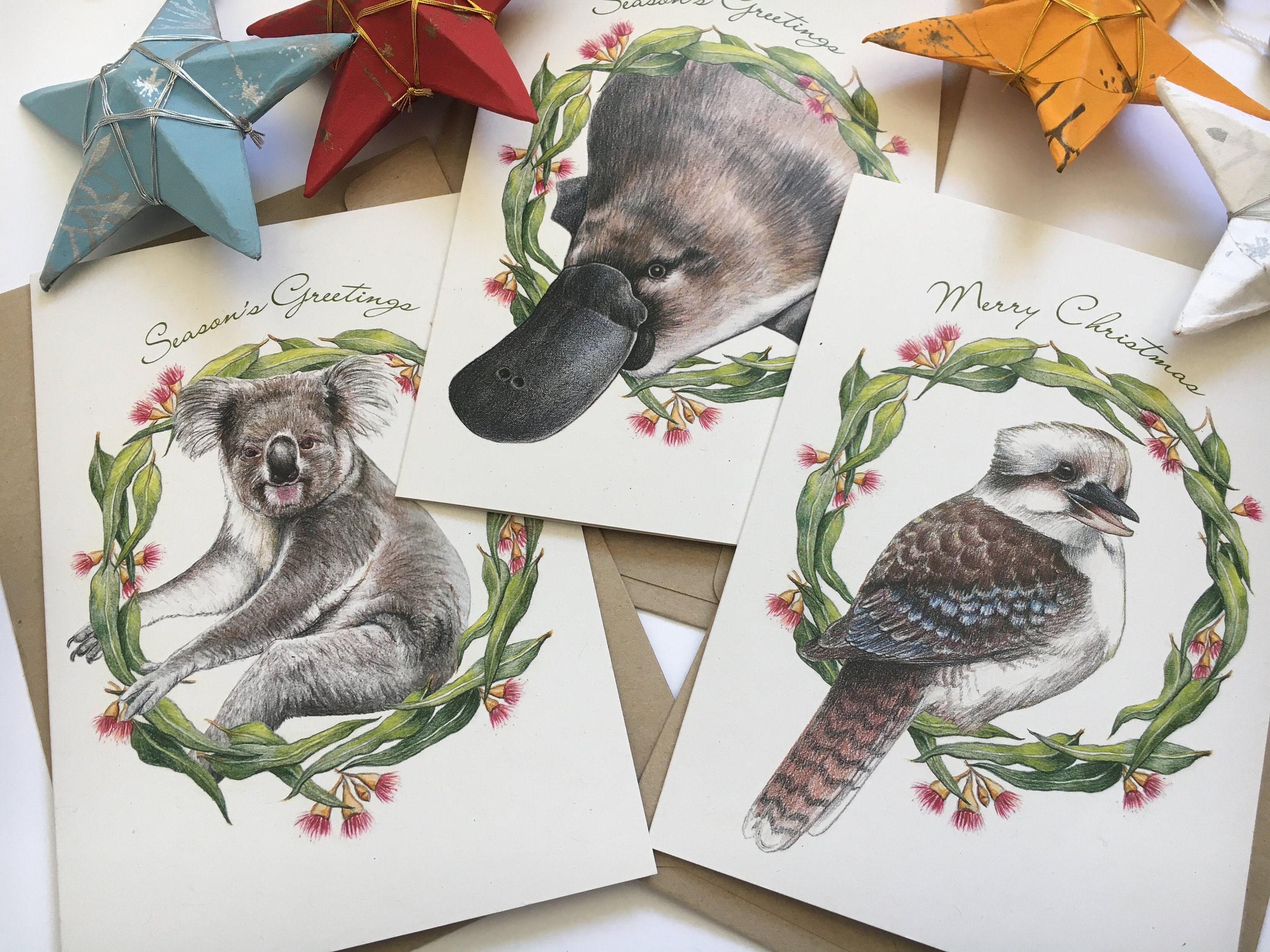 Aussie legends 3 Christmas Cards Australian wildlife wreath | Etsy