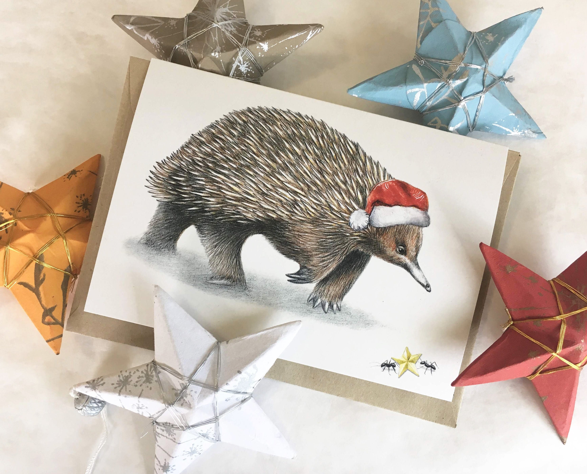 Australian Christmas Card With Echidna in Santa Hat and Gold - Etsy ...