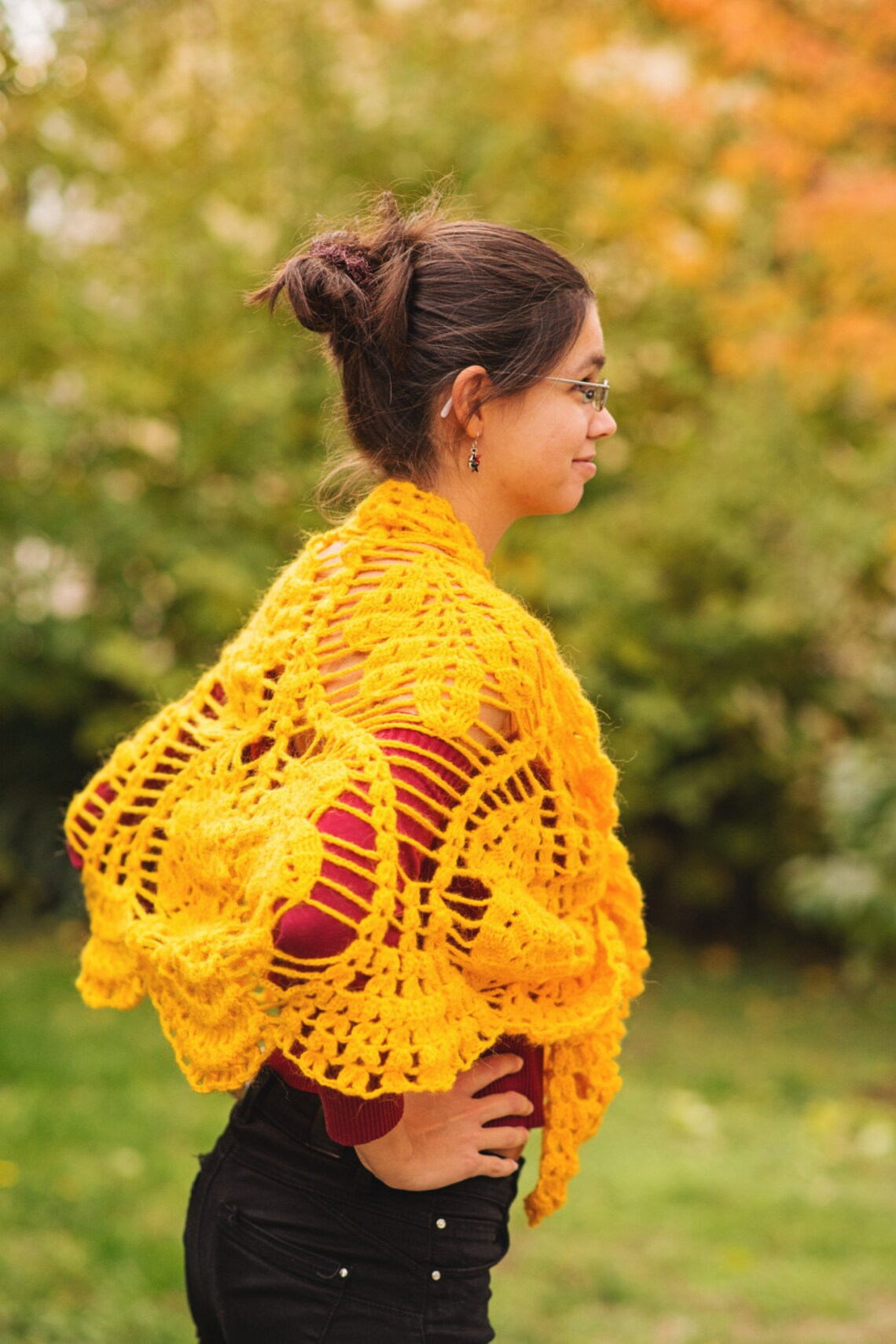 Yellow Triangle Scarf Shawl Mohair and Acrylic Unique Handmade Crochet ...
