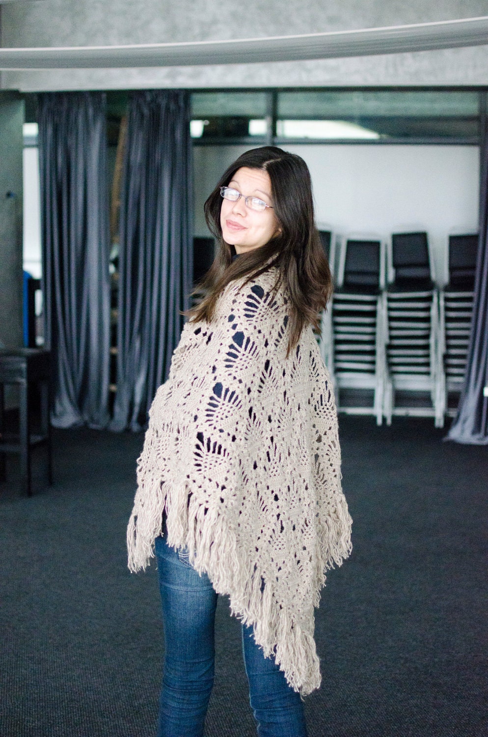 Beige Triangle Scarf Shawl Mohair and Acrylic Unique Handmade Crochet ...