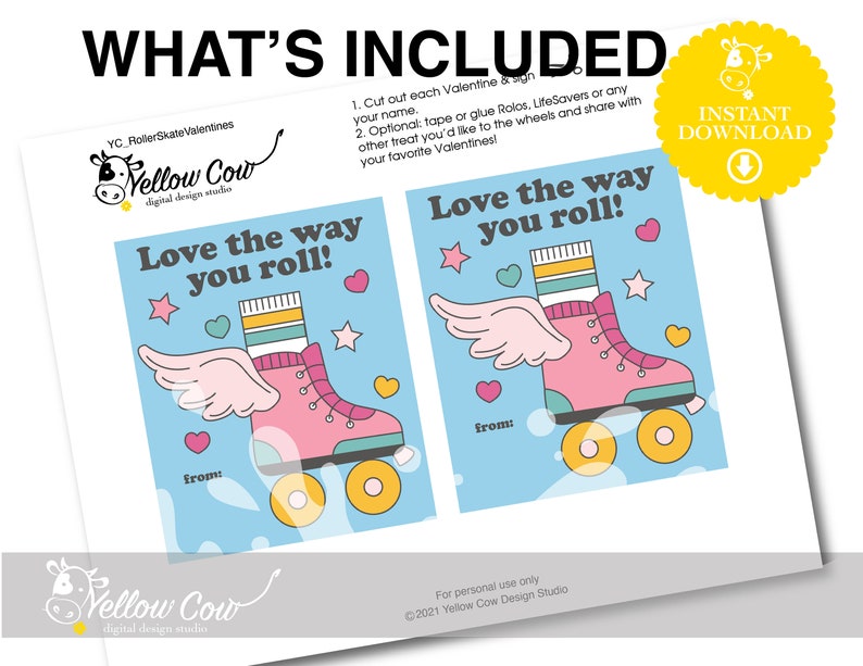 Printable Roller Skate Valentines,retro Roller Skating Valentine Cards ...