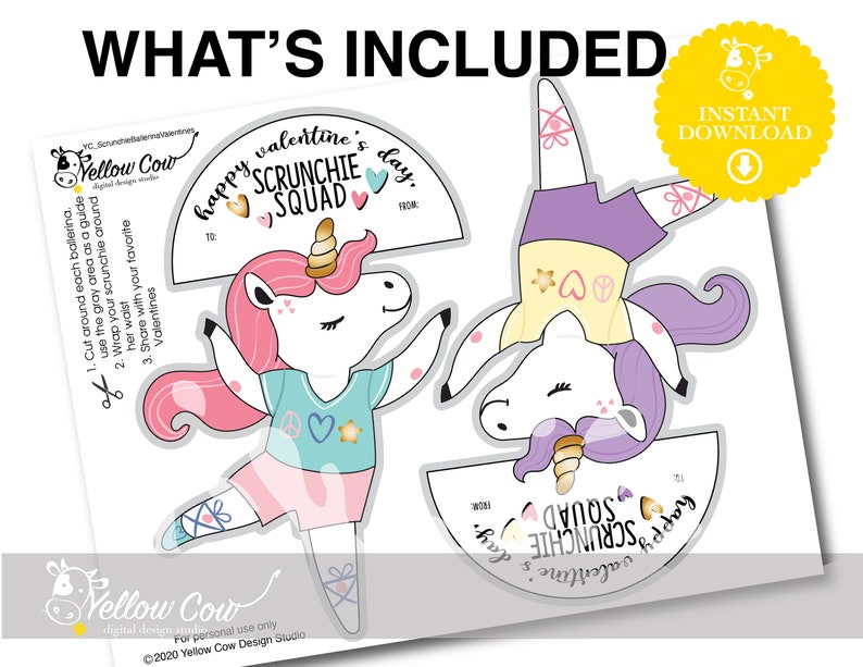 Unicorn Ballerina Valentinesscrunchie Valentine Cardsinstant | Etsy