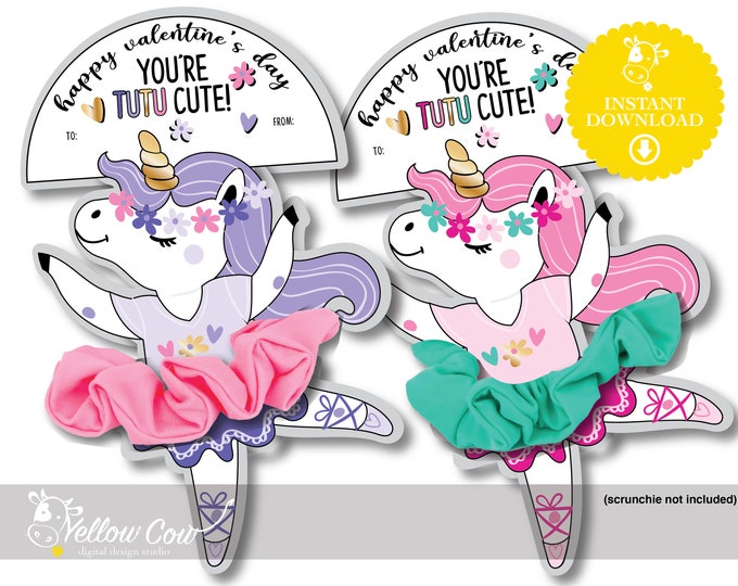 Unicorn Ballerina Valentines,scrunchie Valentine Cards,instant Download ...