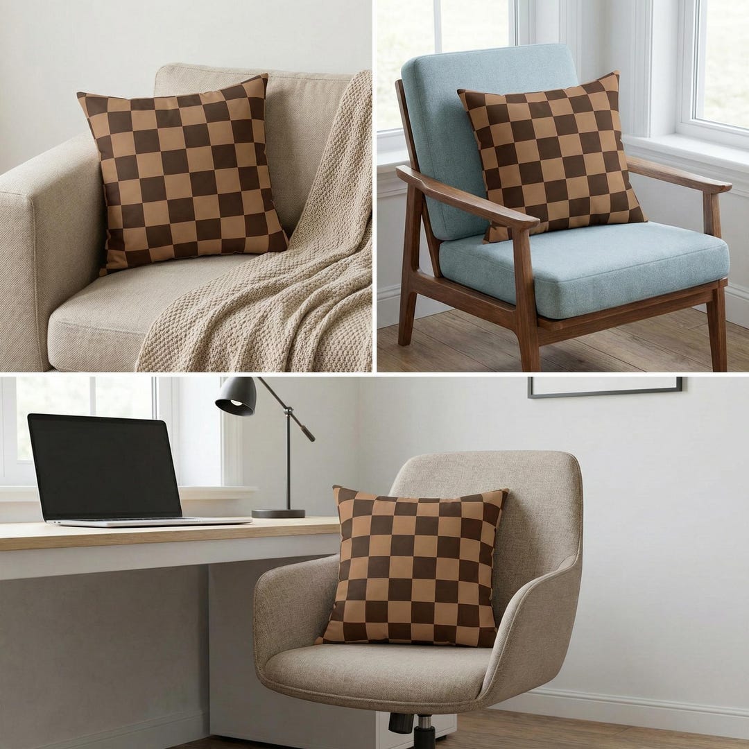Brown Checkerboard Faux Suede Pillow, Square Accent Pillow, Decorative ...