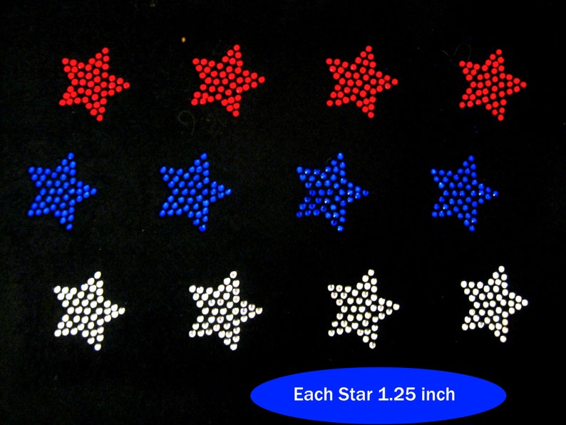 Set of 12 Small Stars of Red, Blue and Clear Rhinestone Iron on Hotfix ...