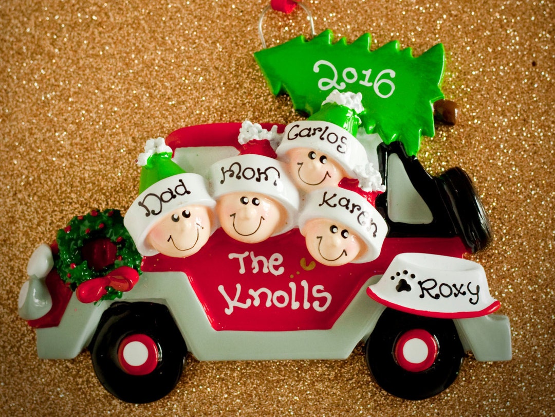 Red Car Family of 4 With a Dog Personalized Christmas Ornament - Etsy