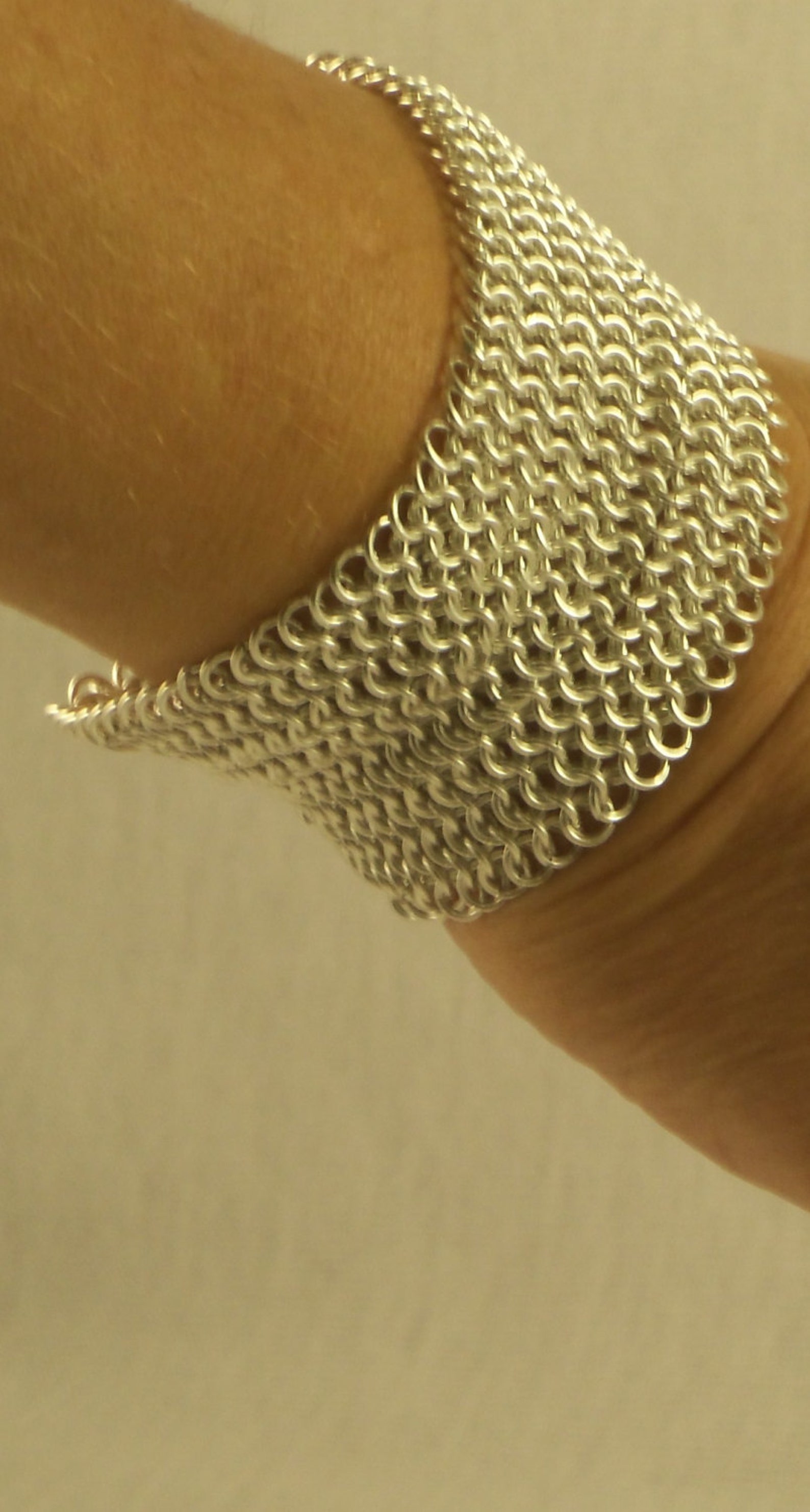 Sterling Silver Chain Mail Cuff Bracelet, Wide Mesh Cuff Bracelet With ...
