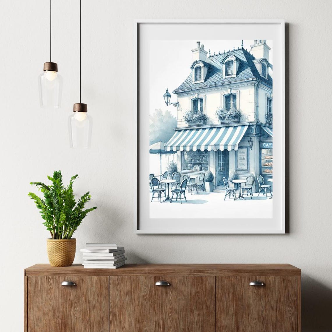 French Cafe Wall Art, Blue Living Room Art, European Print - Digital ...