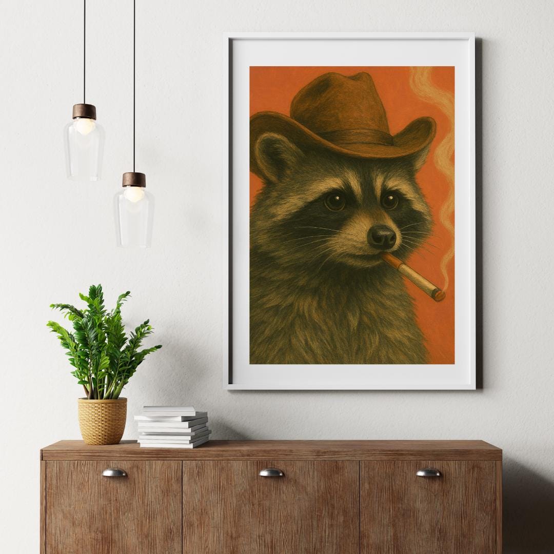 Raccoon Smoking a Cigarette Wall Art, Vintage Retro Cowboy Room Decor ...