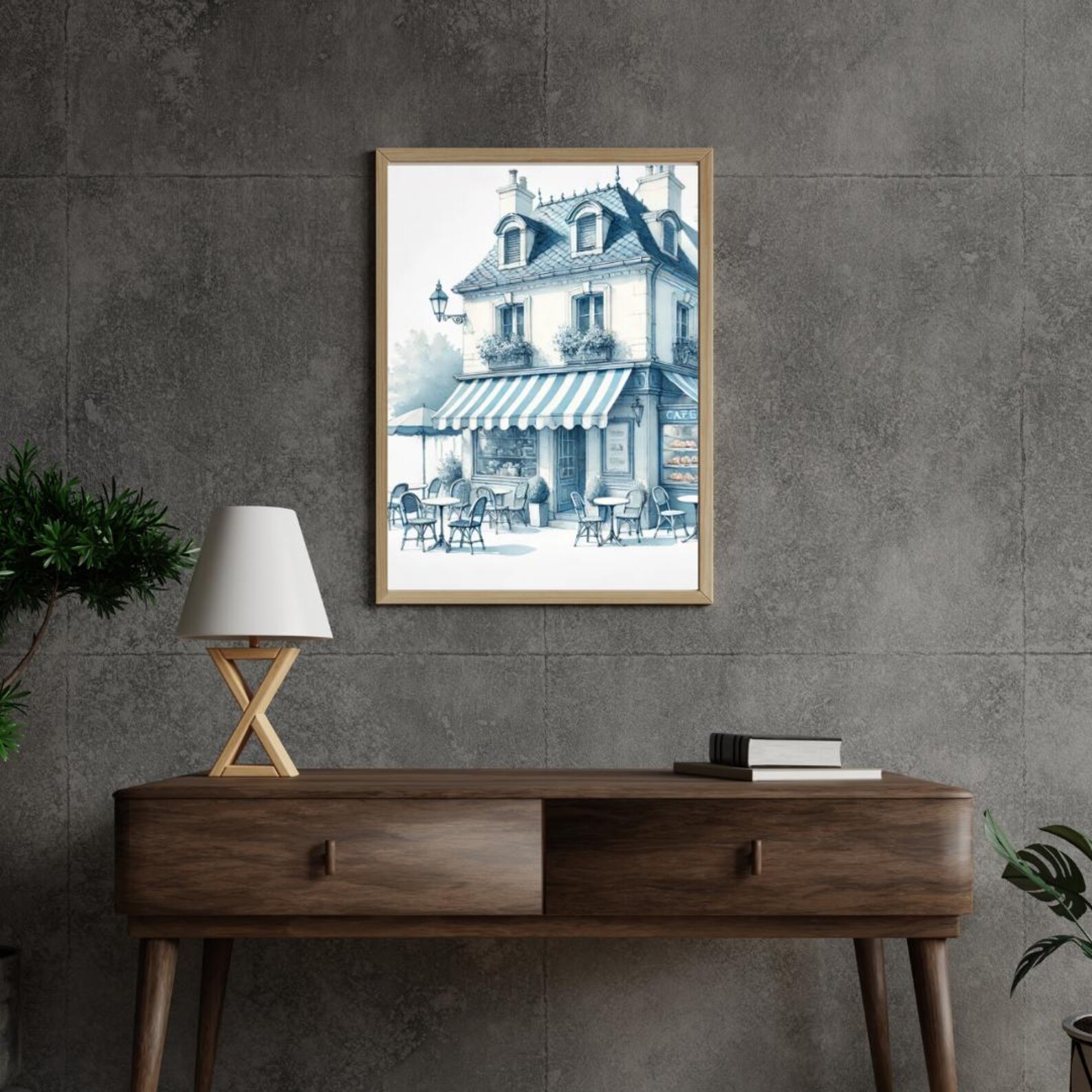 French Cafe Wall Art, Blue Living Room Art, European Print - Digital ...