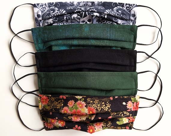 PLEATED Reversible Fabric Mask with BLACK Elastic / Cloth Face Covering ...