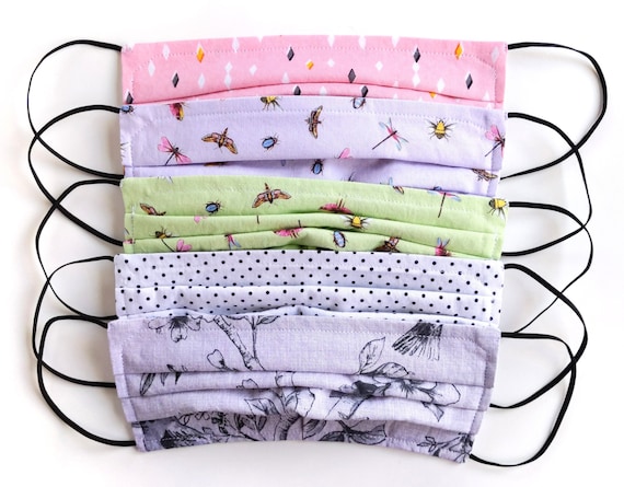 PLEATED Reversible Fabric Mask with BLACK Elastic / Cloth Face Covering ...