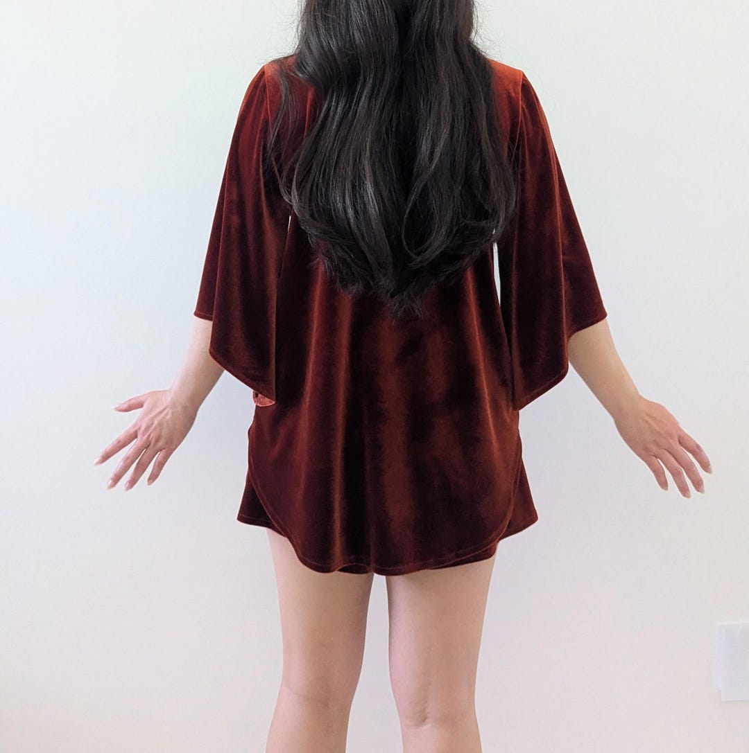 Velvet Flutter Sleeve Tunic Top: Handmade Flowy Bell Sleeve Long Blouse ...