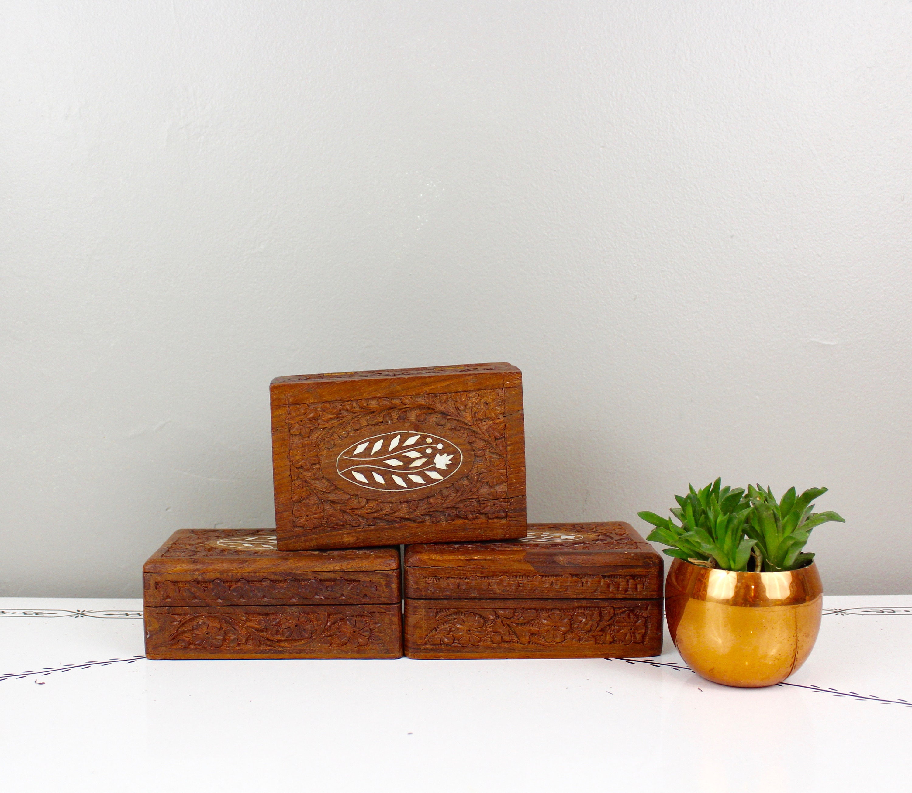 Carved Teak Box with Inlay | Etsy