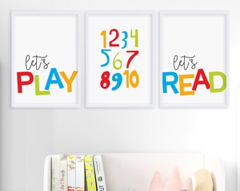 Set of Three Playroom Prints Printable Wall Art Lets Play | Etsy