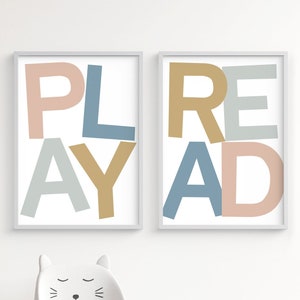 Play and Read Printable Wall Art Set, 2 Playroom Signs, Neutral Digital ...