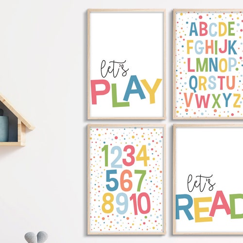 Black and White Set of Four Prints Alphabet Abc Numbers - Etsy