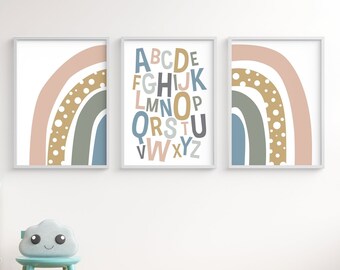 Neutral Rainbow Wall Art Set of 3 Prints Muted Alphabet Poster Gender ...