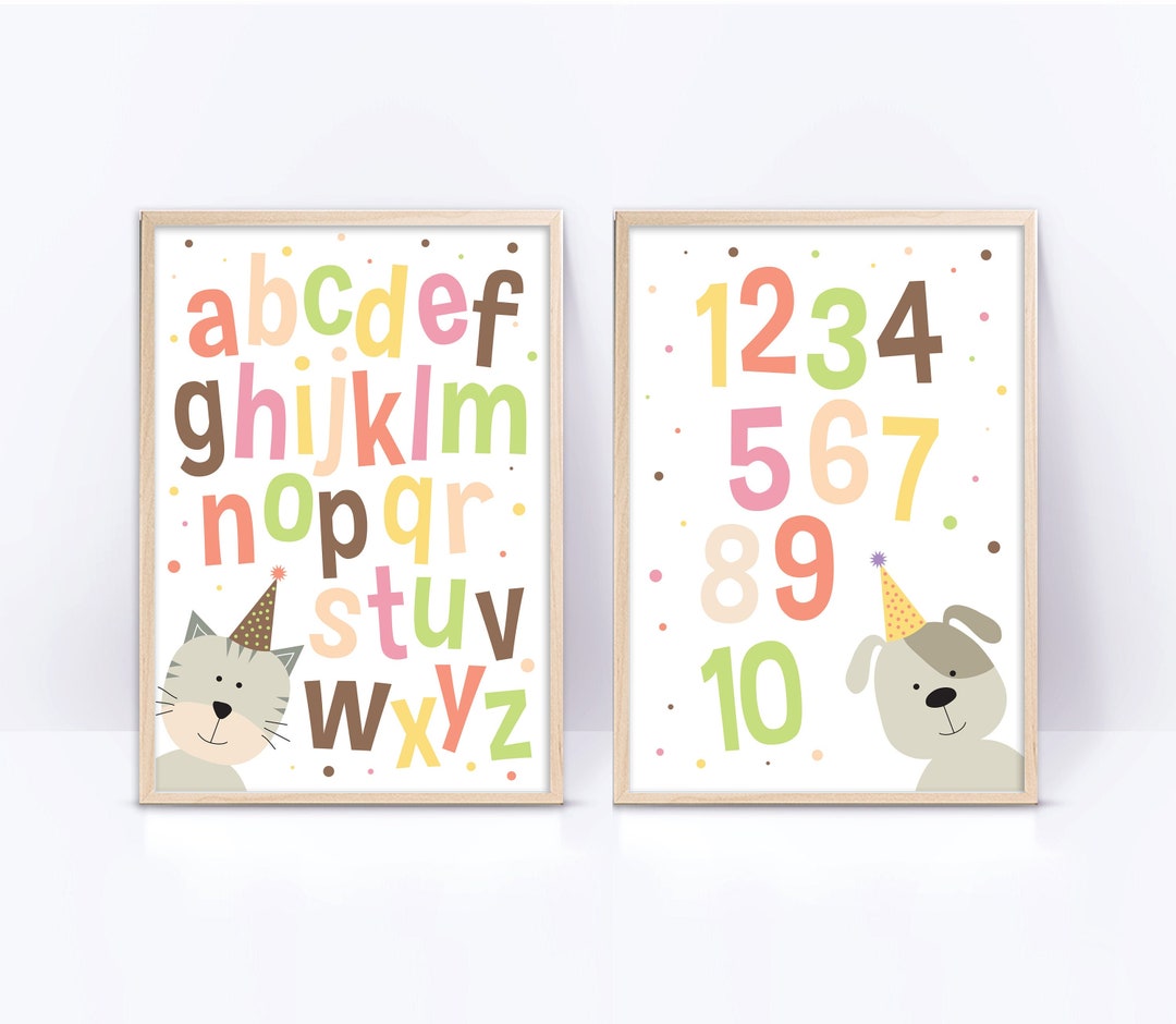 Alphabet and Numbers Printable Wall Art Set, Playroom Signs, Cute Baby ...
