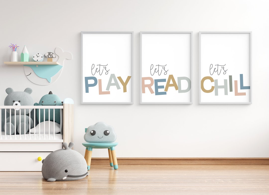 Printable Wall Art, Set of Three Playroom Prints, Lets Play, Lets Read ...